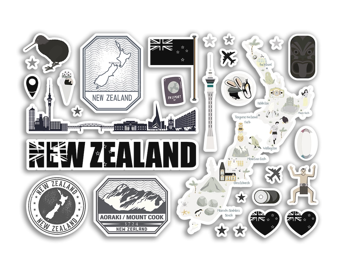 A5 Sticker Sheet New Zealand Landmarks Vinyl Stickers - BW Map Airport ...