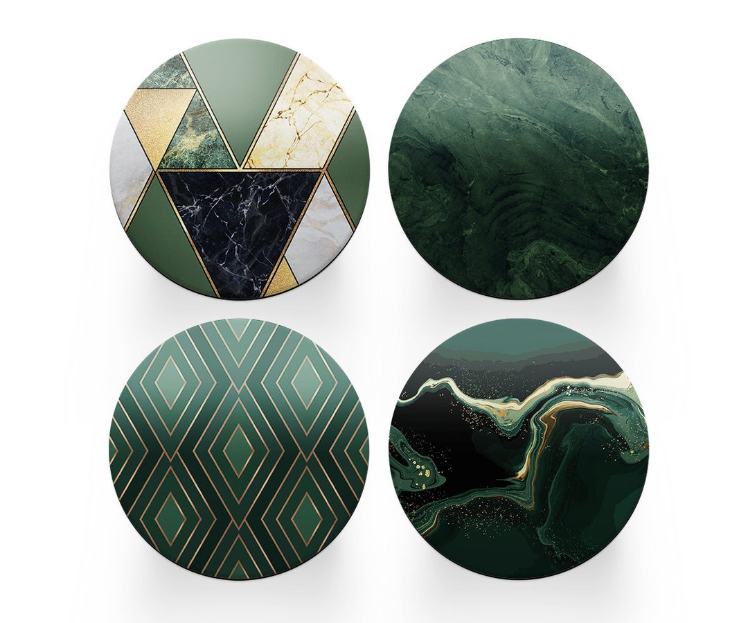 4 X Round Art Deco Coasters Green Agate Marble Effect Set Theme Women ...