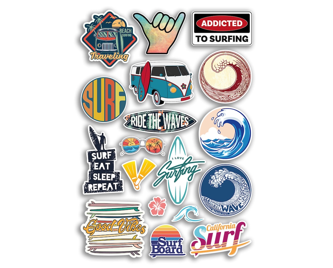 A4 Sticker Sheet Surfing Vinyl Stickers - Waves Surf Surfer Good Vibes ...