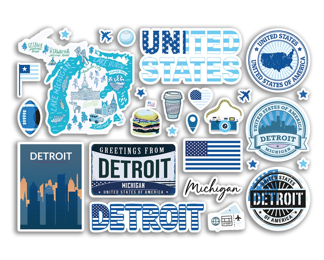 A5 Sticker Sheet Detroit Landmarks Vinyl Stickers Blue Michigan America ...