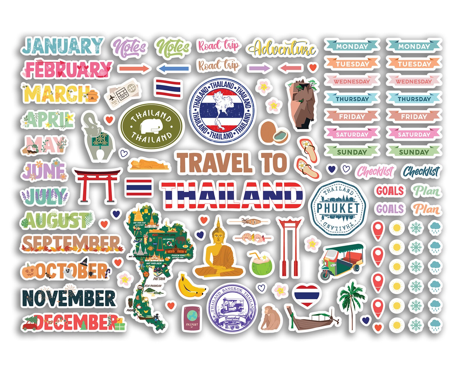 A4 Sticker Sheet Thailand Landmarks Vinyl Stickers - Thai Phuket Asia ...