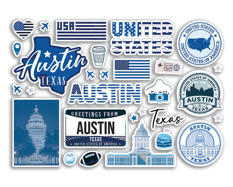 A5 Sticker Sheet Austin Landmarks Vinyl Stickers - Blue Texas America ...