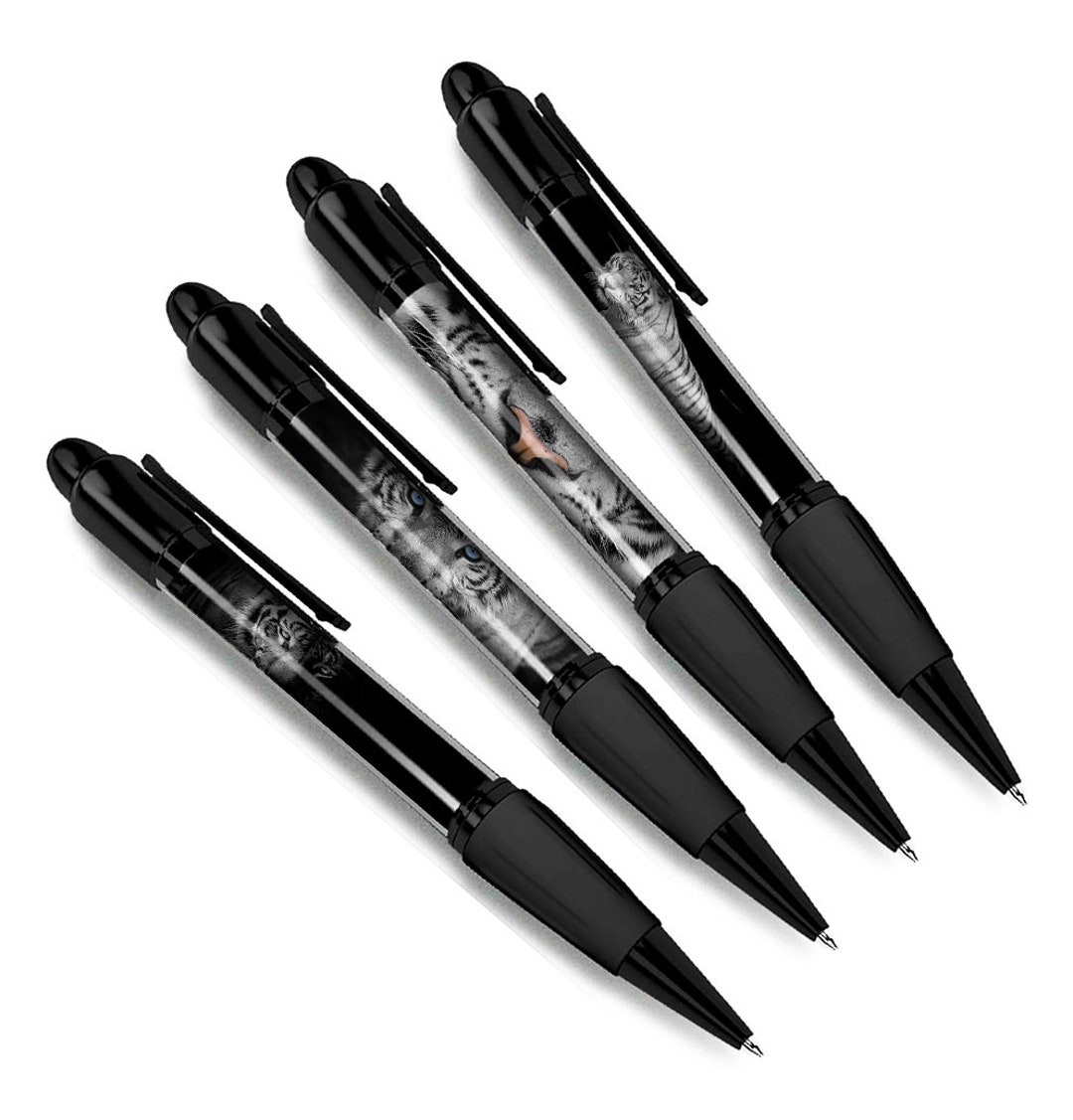 Set of 4 White Tiger Black Ballpoint Pens Animal Pattern Wild Safari ...