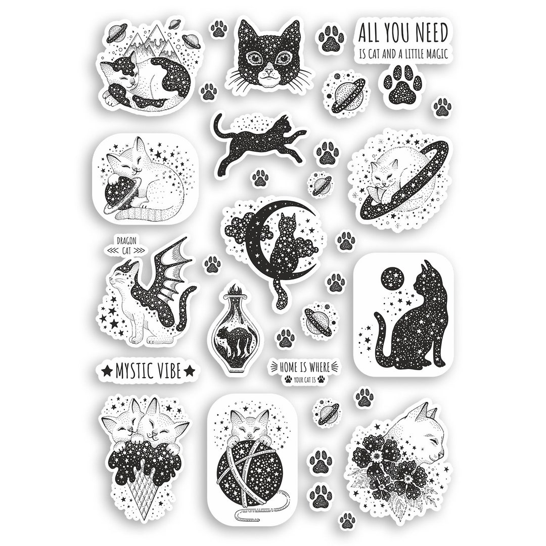1 X A4 Magical Cats Vinyl Stickers Witch Cat Magic Space Tattoo Sticker ...