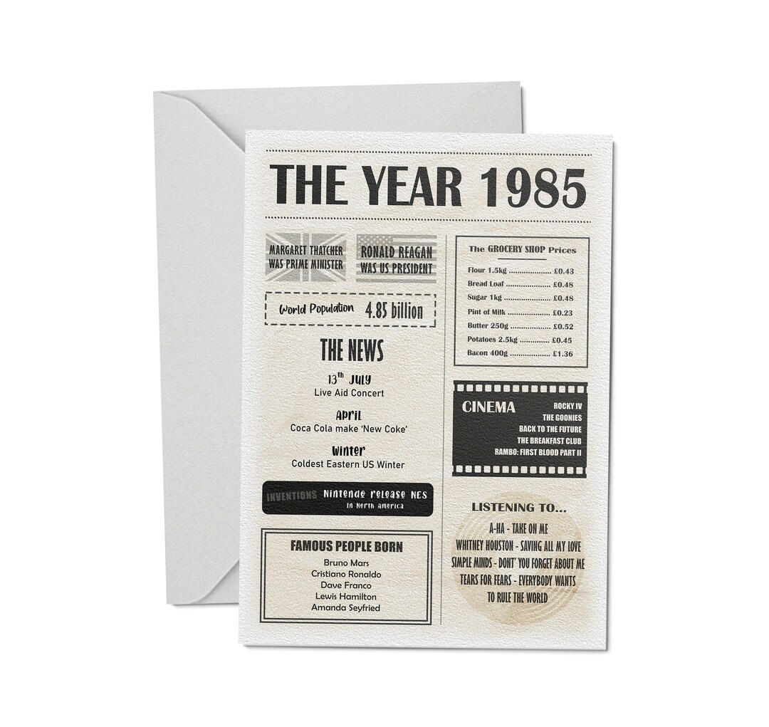 1 X 1985 Facts A5 Blank Greetings Card 1980s 80s News Headline the Year ...