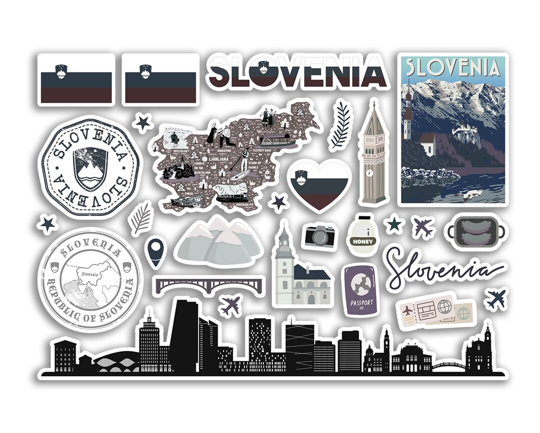 A5 Sticker Sheet Slovenia Landmarks Vinyl Stickers BW Slovenian Map ...