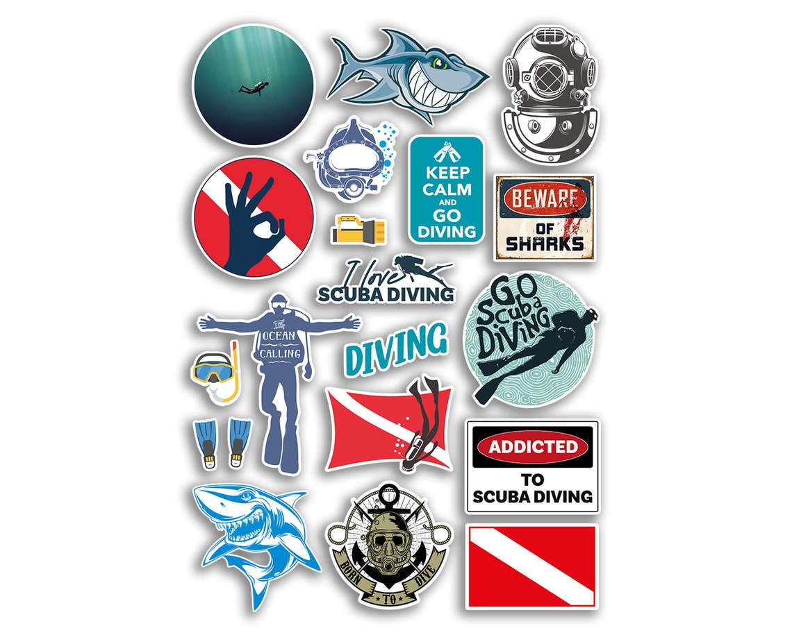 A4 Sticker Sheet Scuba Diving Vinyl Stickers - Diver Dive Beware Shark ...