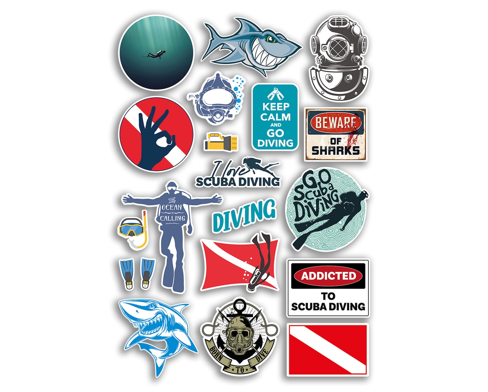 A4 Sticker Sheet Scuba Diving Vinyl Stickers - Diver Dive Beware Shark ...