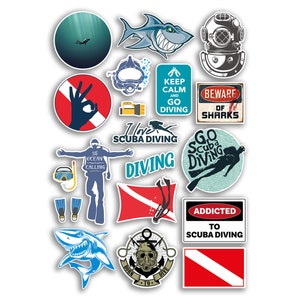 A4 Sticker Sheet Scuba Diving Vinyl Stickers Diver Dive Beware Shark ...