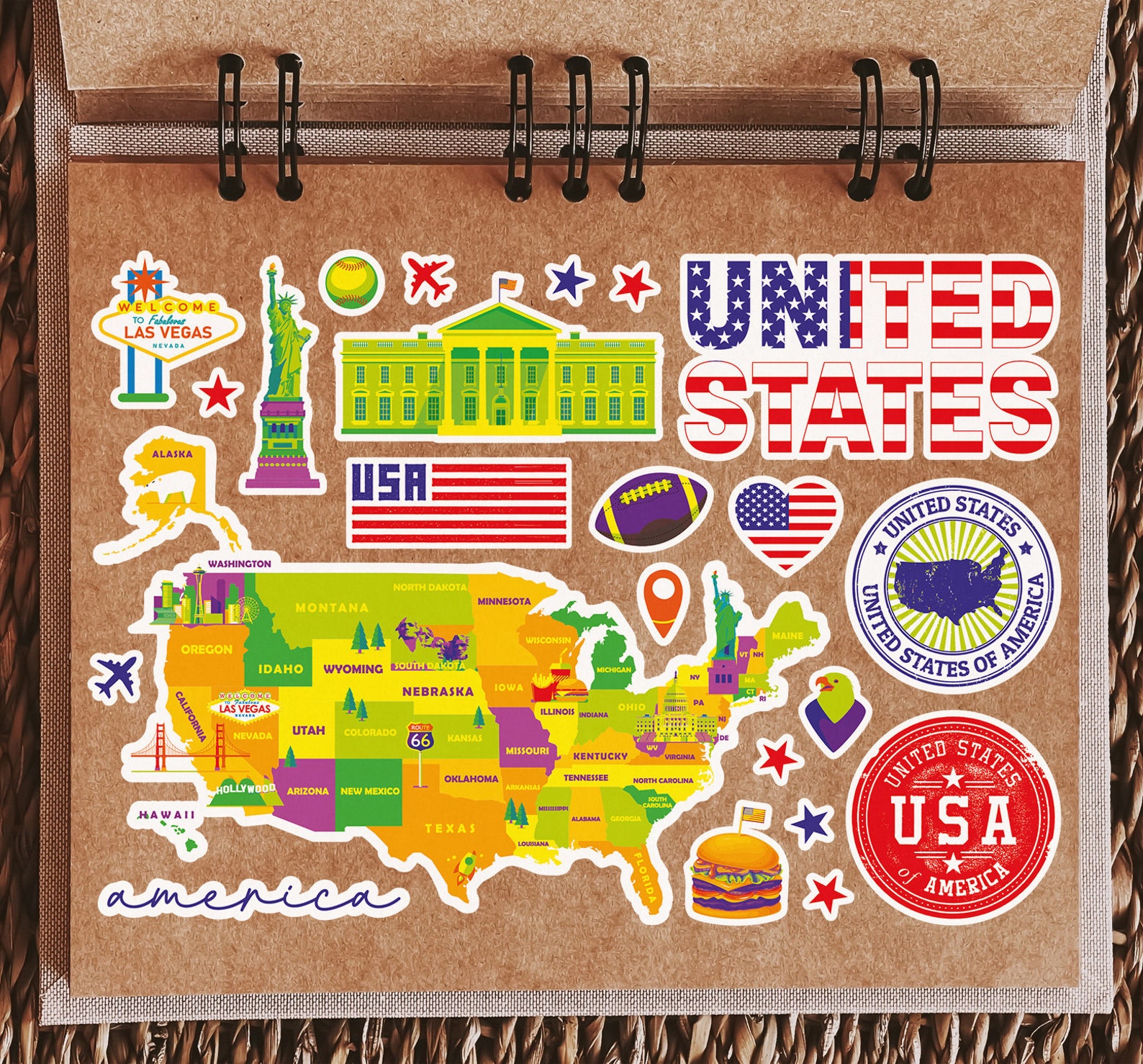 A5 Sticker Sheet United States Landmarks Vinyl Stickers - Bright USA ...