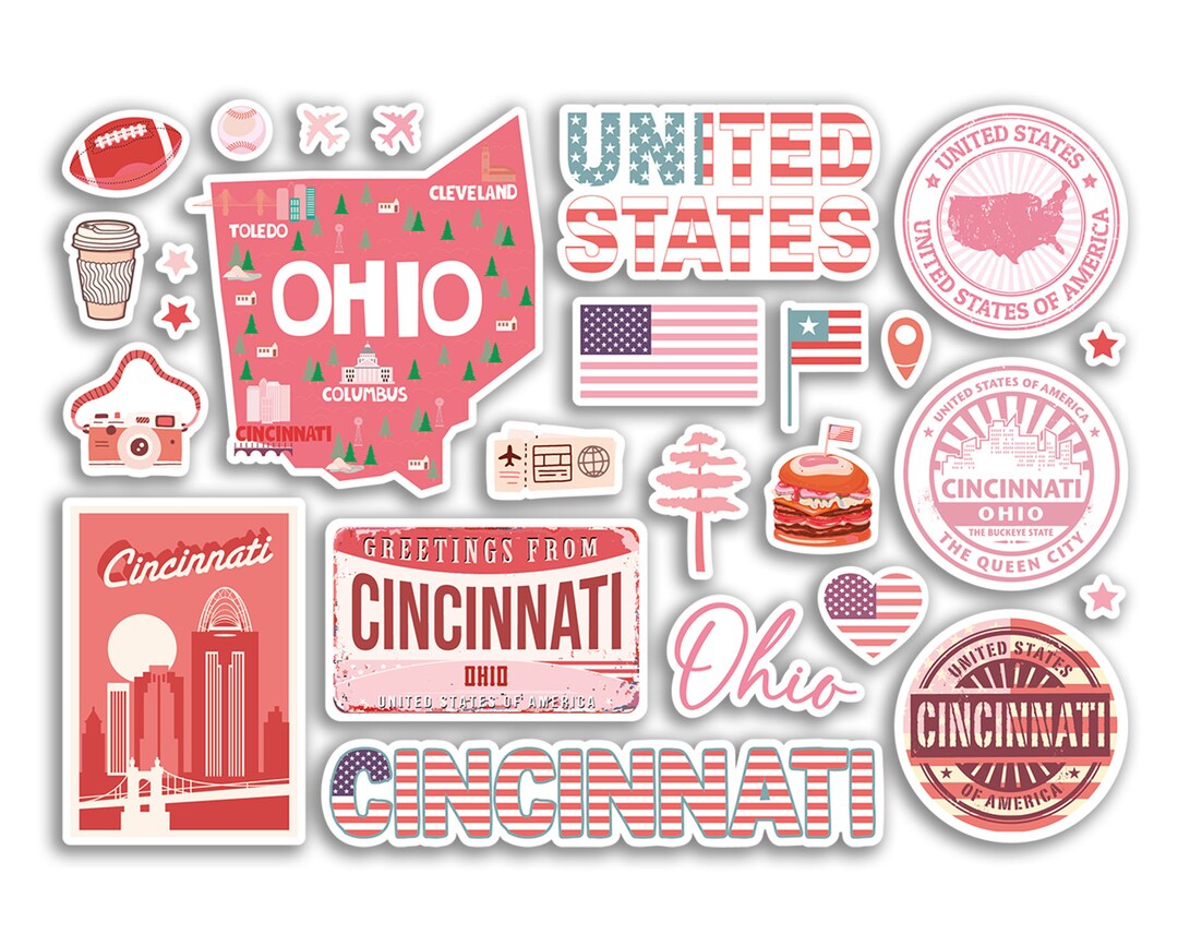A5 Sticker Sheet Cincinnati Landmarks Vinyl Stickers - Pink Ohio USA ...