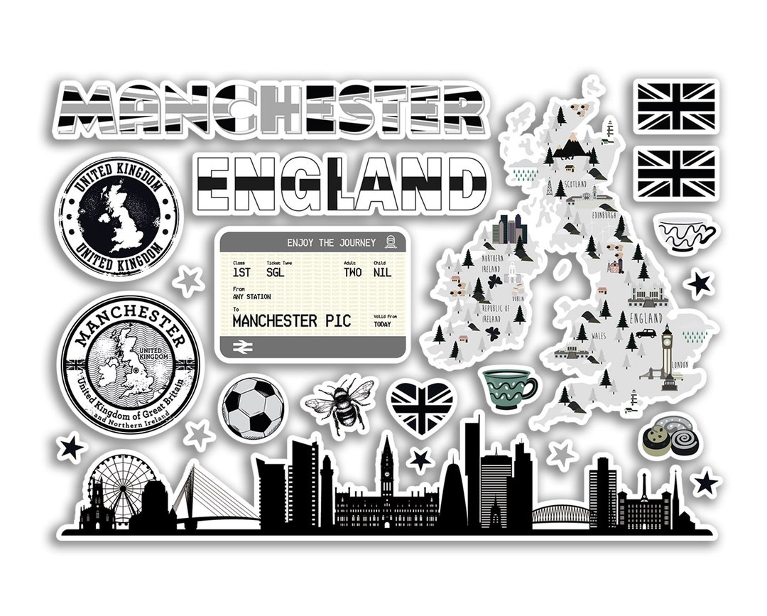 A5 Sticker Sheet Manchester Landmarks Vinyl Stickers Black White Stamp ...