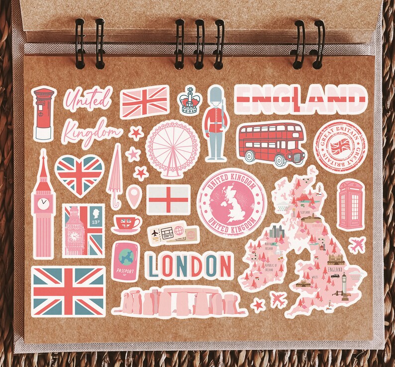 A5 Sticker Sheet England Pink Landmarks Vinyl Stickers - UK GB London ...