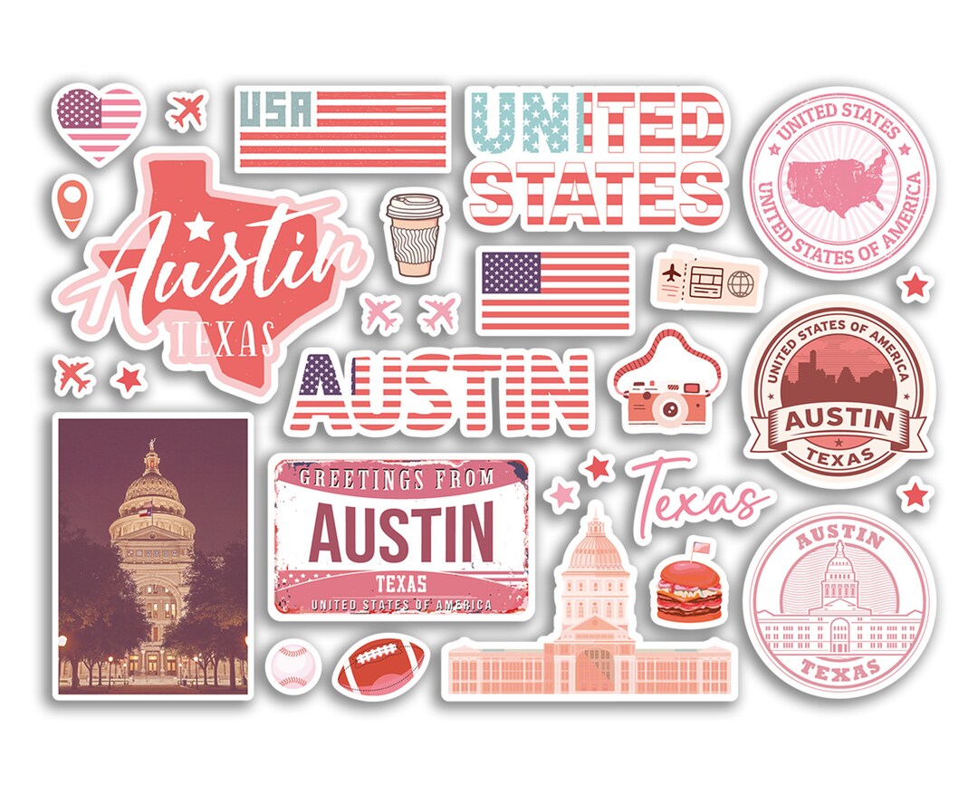 A5 Sticker Sheet Austin Landmarks Vinyl Stickers - Pink Texas America ...