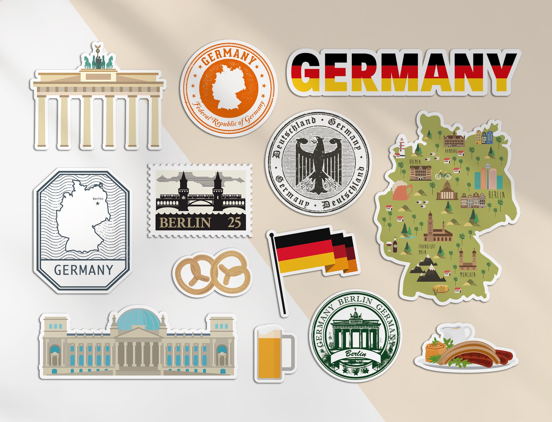 A5 Sticker Sheet Germany Landmarks Vinyl Stickers - German Berlin Map ...
