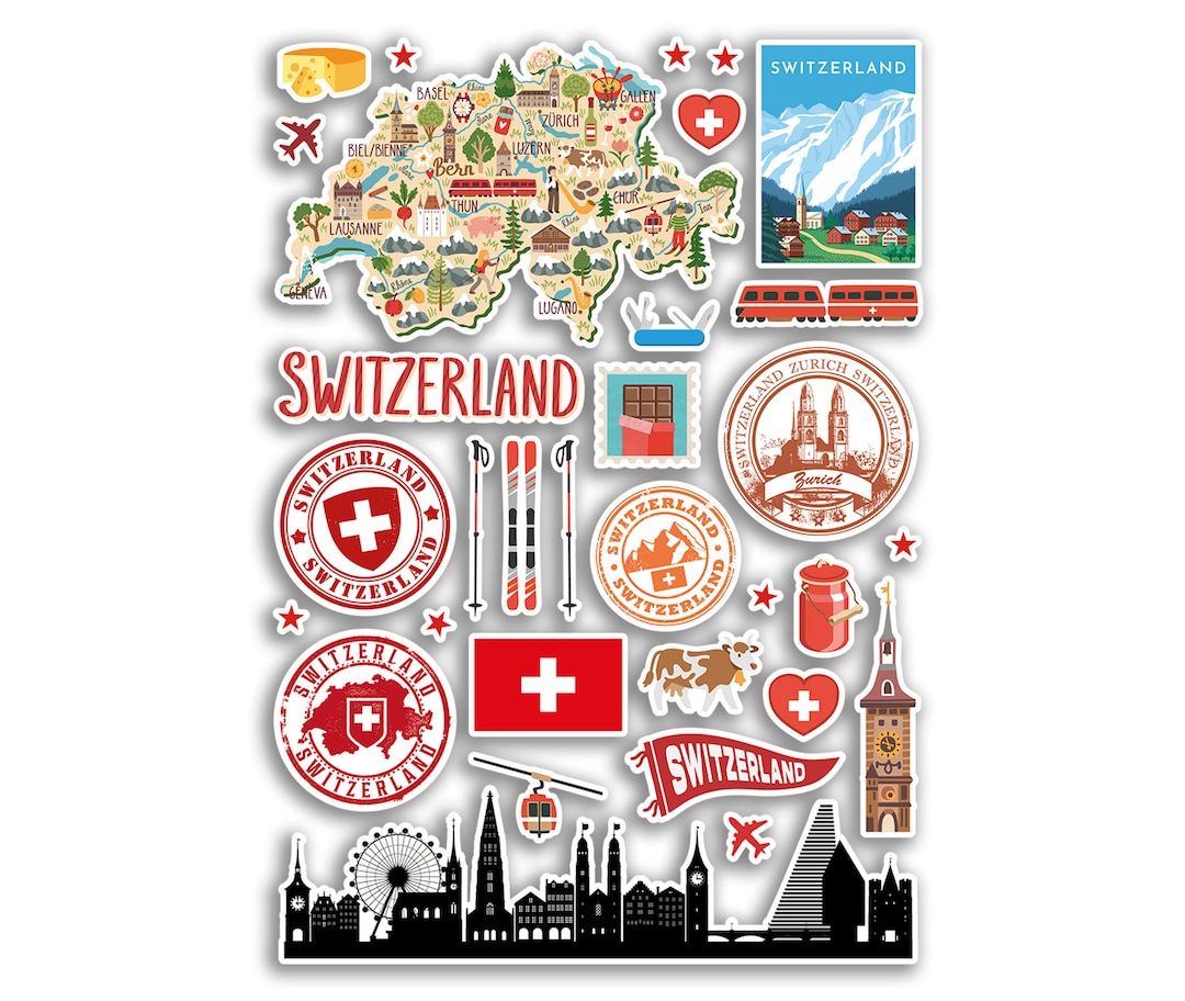 A4 Sticker Sheet Switzerland Landmarks Vinyl Stickers Swiss City Map ...