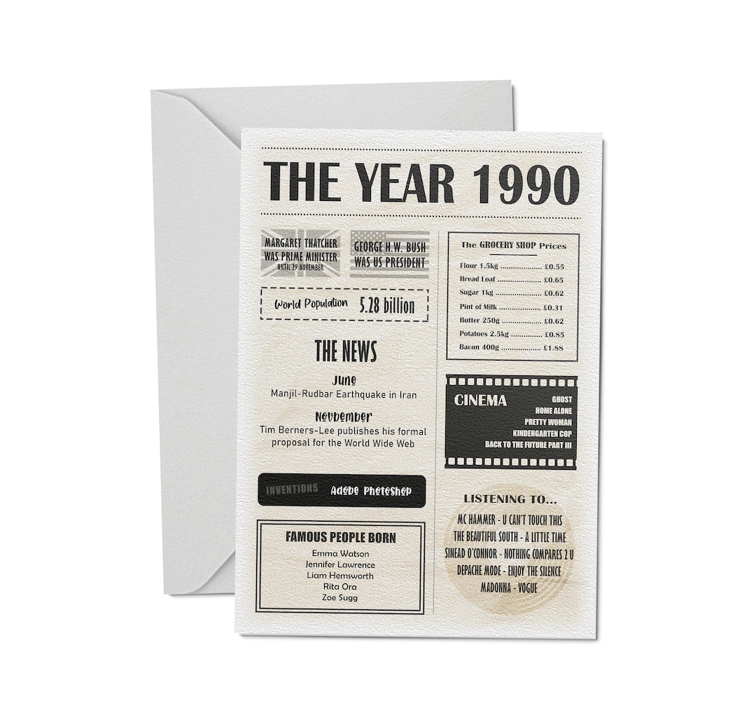 1 X 1990 Facts A5 Blank Greetings Card 1990s 90s News Headline the Year ...