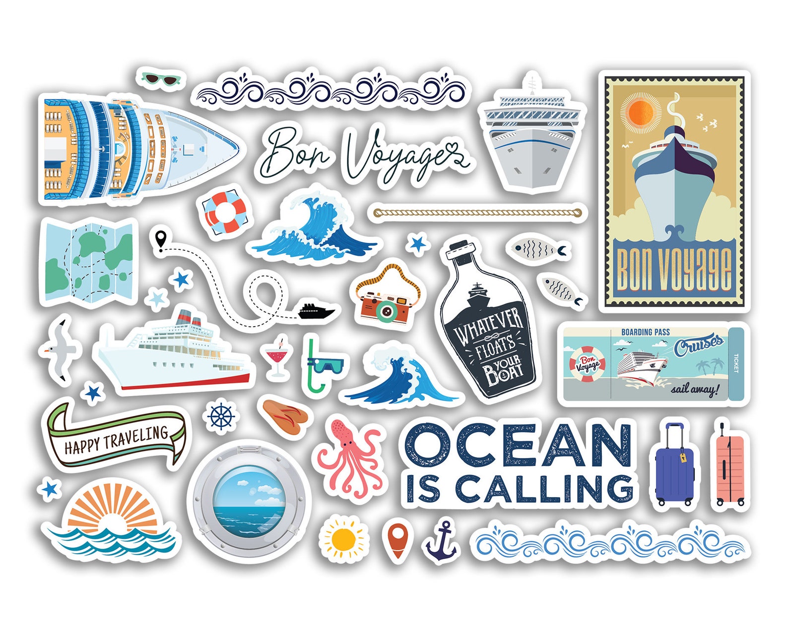 A5 Sticker Sheet Cruise Holiday Vinyl Stickers - Ocean Boat Ship Beach ...