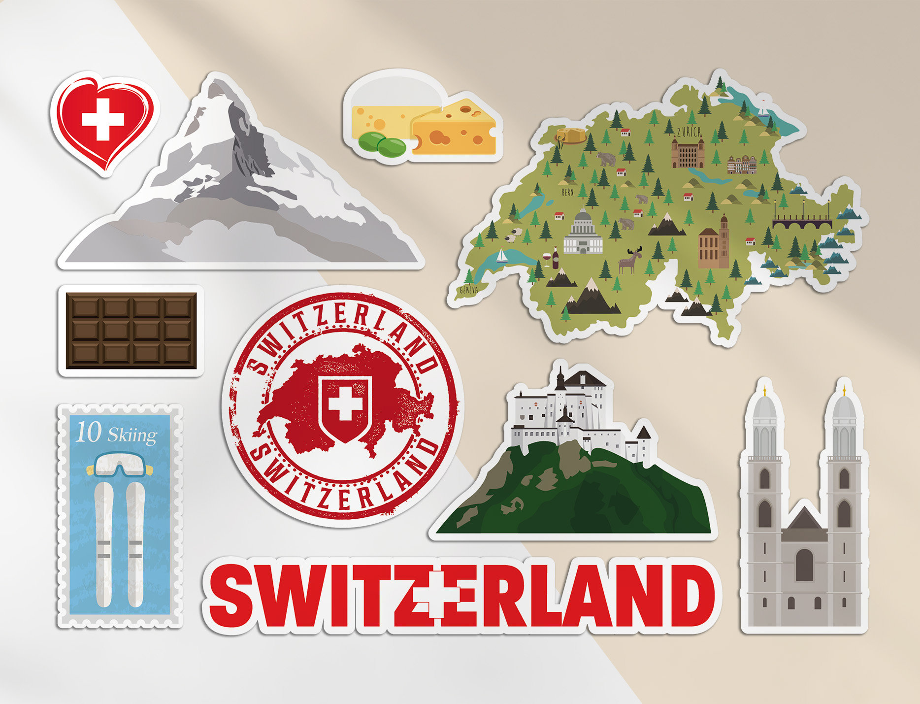 A5 Sticker Sheet Switzerland Landmarks Vinyl Stickers - Swiss Map ...