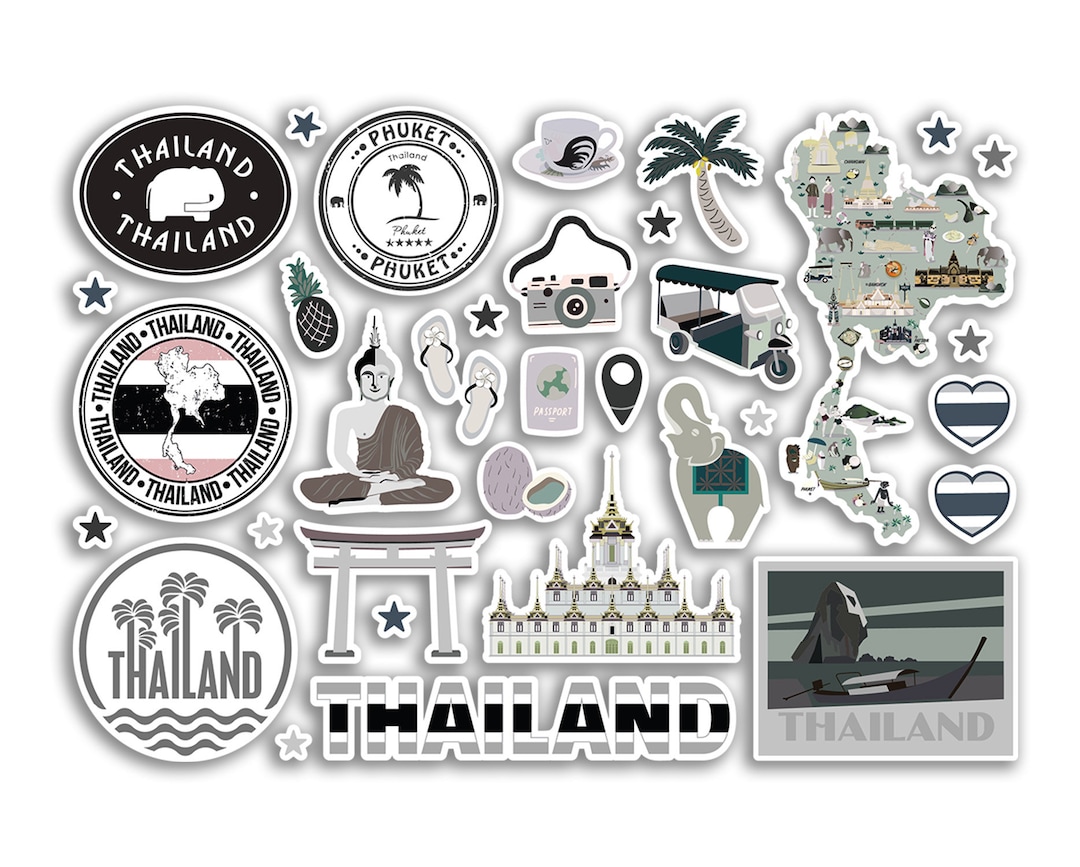 A5 Sticker Sheet Thailand Landmarks Vinyl Stickers BW Thai Map Airport ...