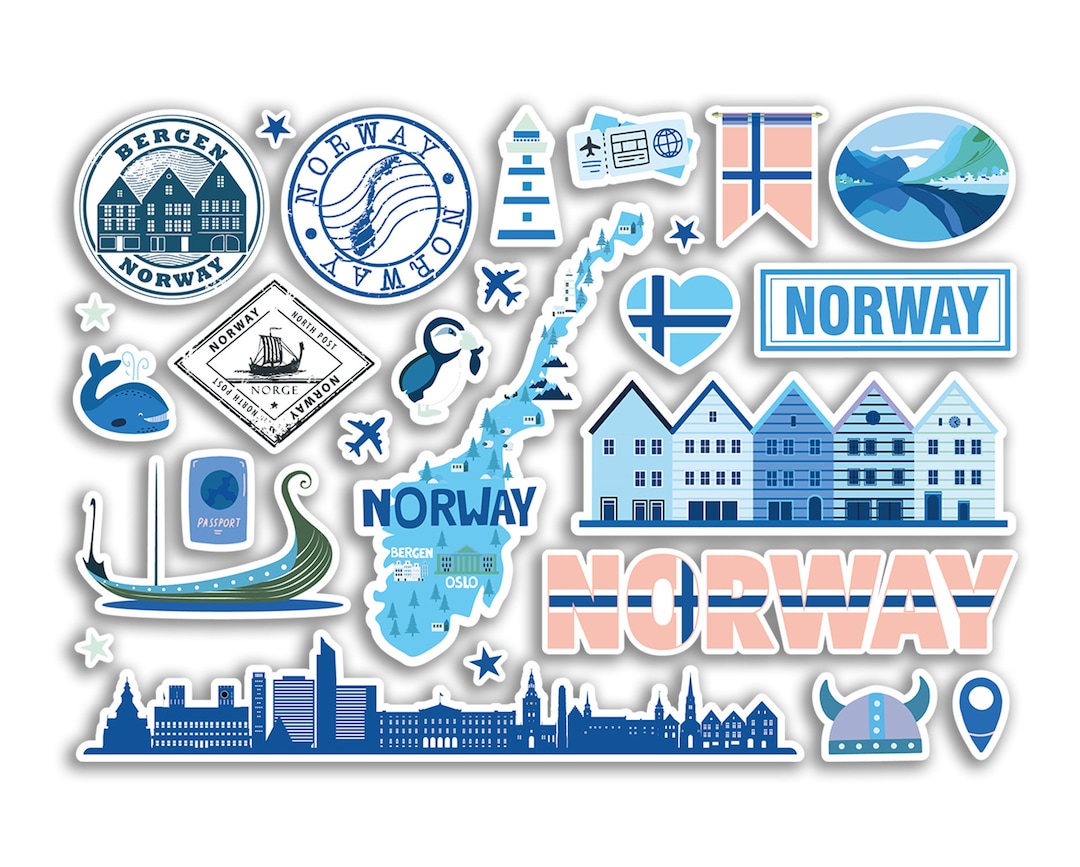 A5 Sticker Sheet Norway Blue Landmarks Vinyl Stickers - Norwegian Map ...
