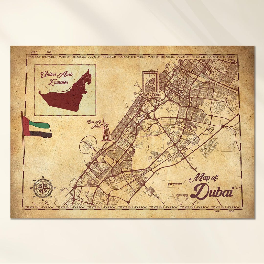1 X Dubai Map Poster Vintage City United Arab Emirates Flag Country ...