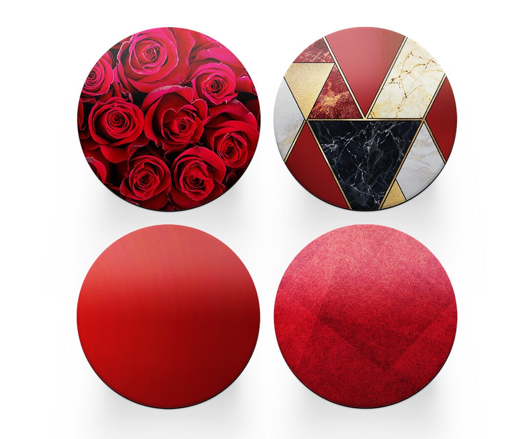 4 X Round Art Deco Coasters Red Roses Agate Marble Effect Set Theme ...