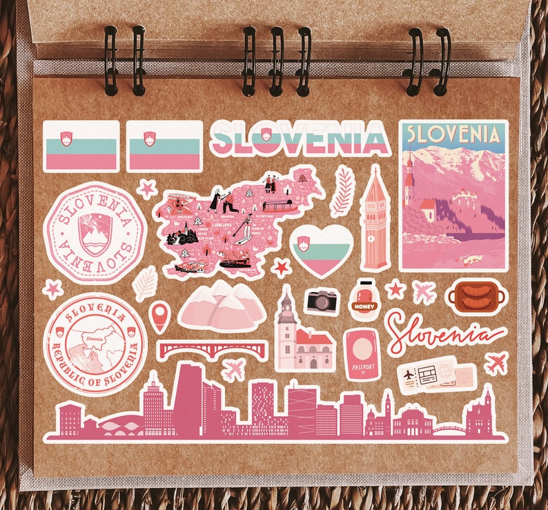 A5 Sticker Sheet Slovenia Pink Landmarks Vinyl Stickers - Slovenian Map ...