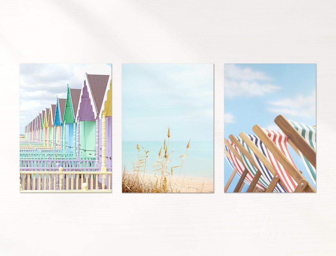 3 X Beach Posters Seaside Huts Sea Colour Trio of Prints Portrait ...