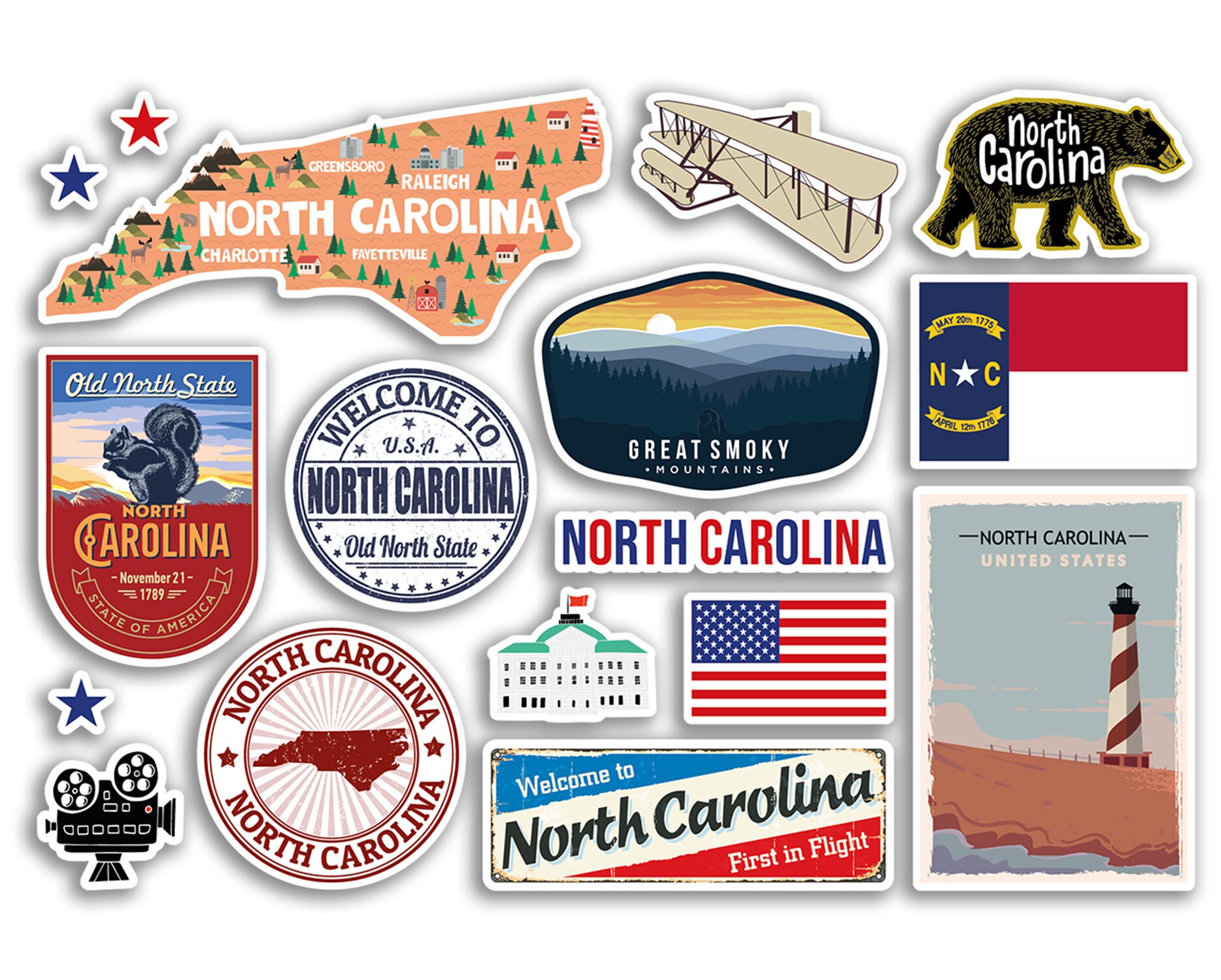 A5 Sticker Sheet North Carolina Landmarks Vinyl Stickers - USA States ...
