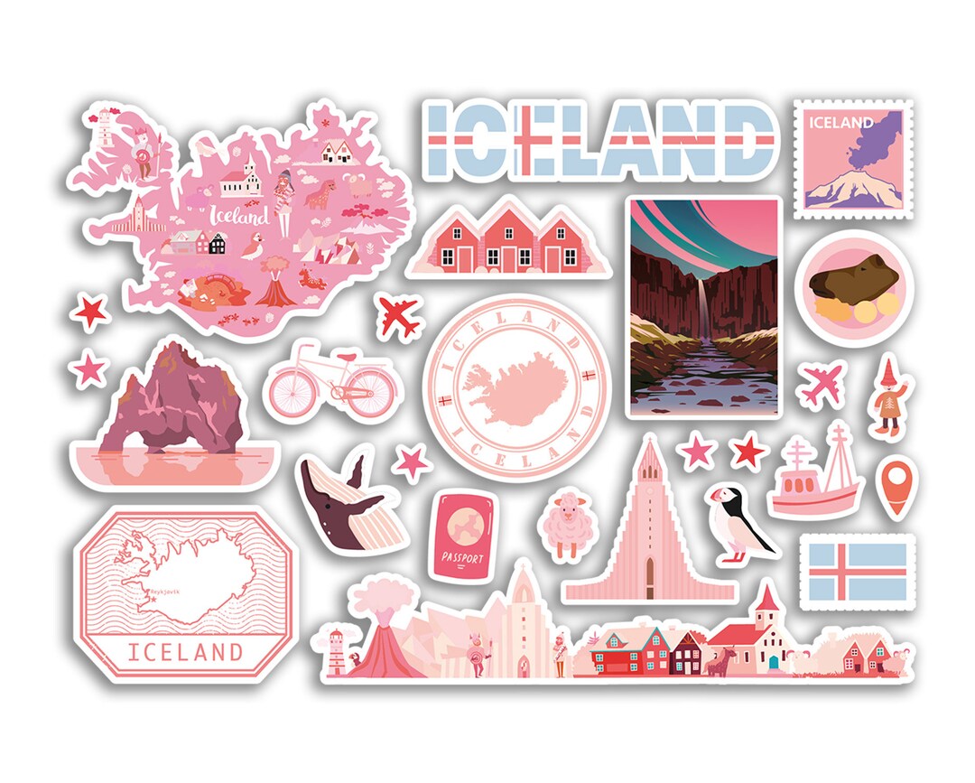 A5 Sticker Sheet Iceland Pink Landmarks Vinyl Stickers Icelandic Map ...
