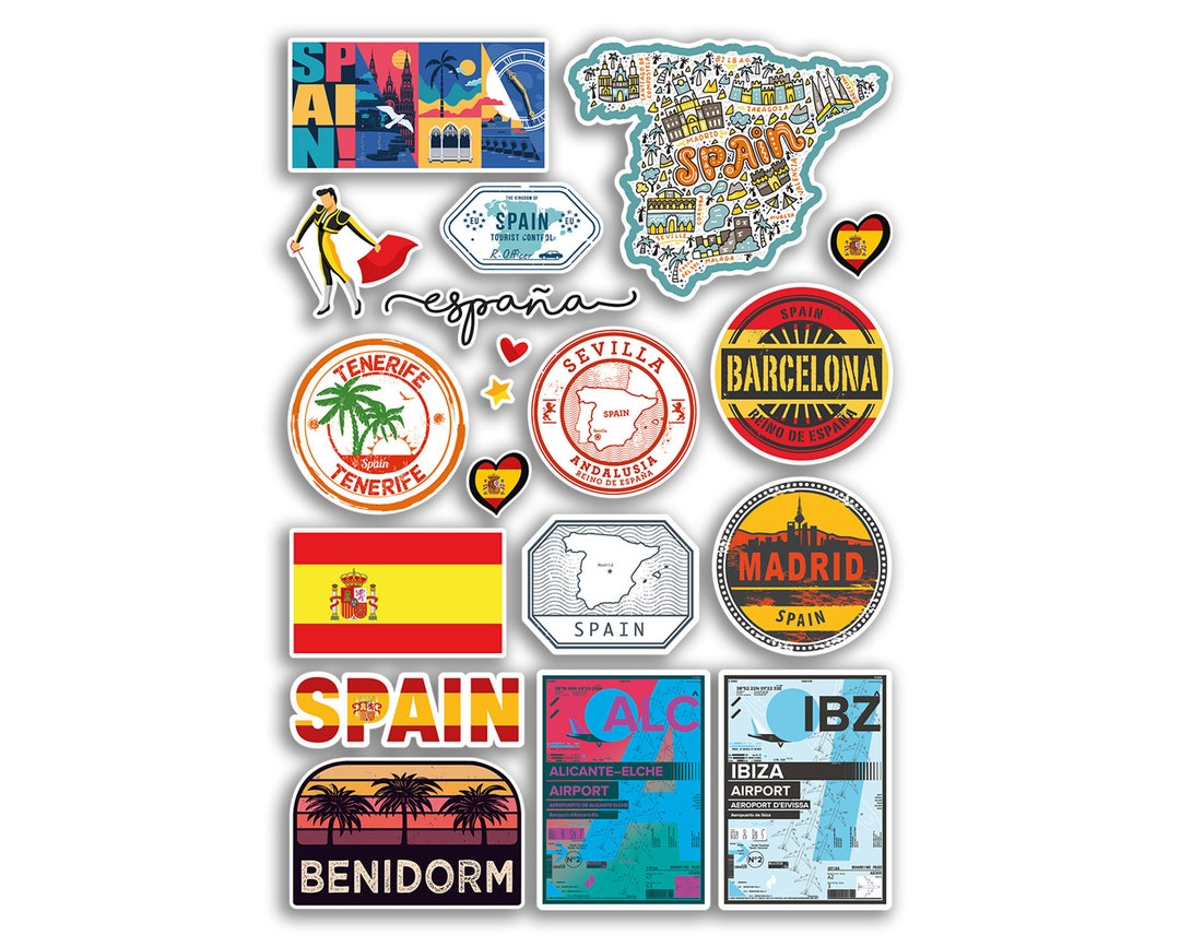 A4 Sticker Sheet Spain Cities Vinyl Stickers Madrid Benidorm Landmark ...