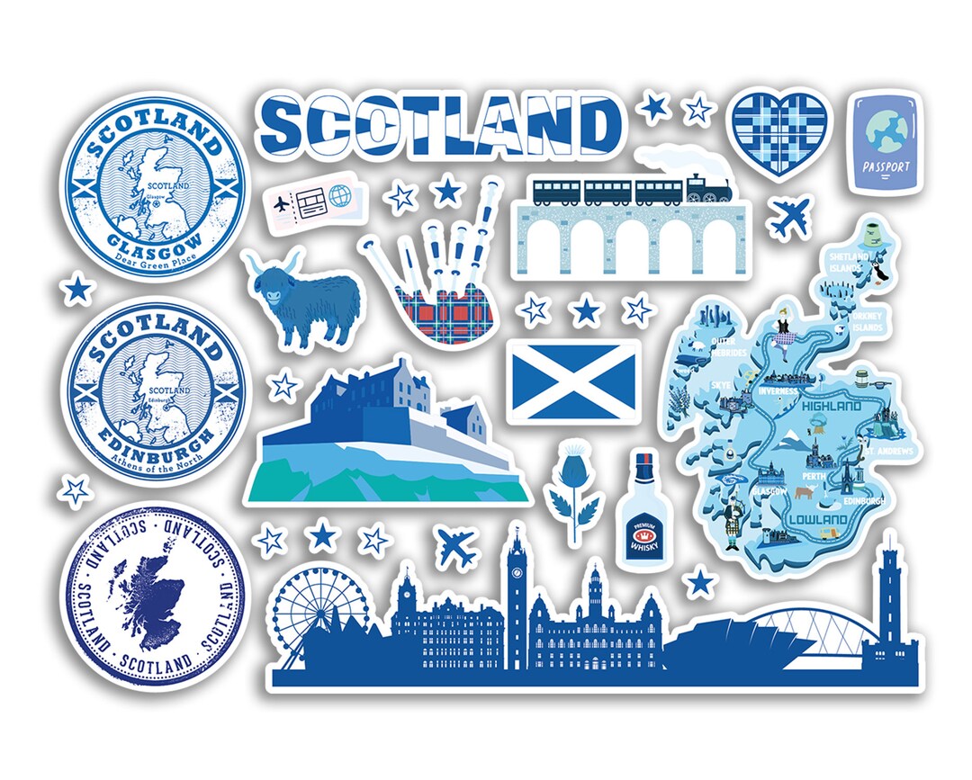 A5 Sticker Sheet Scotland Blue Landmarks Vinyl Stickers - Scottish Map ...