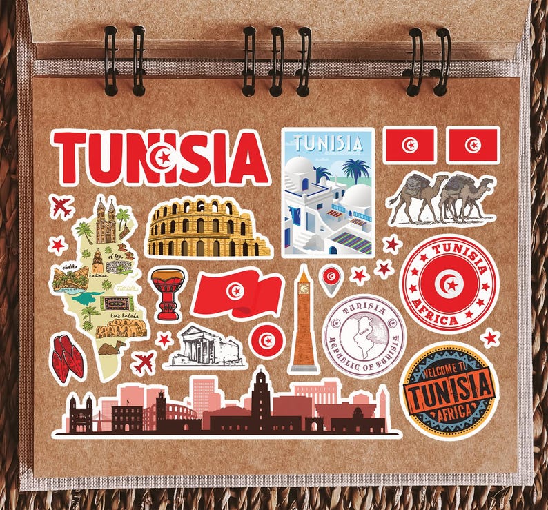 A5 Sticker Sheet Tunisia Landmarks Vinyl Stickers - Country Map Airport ...