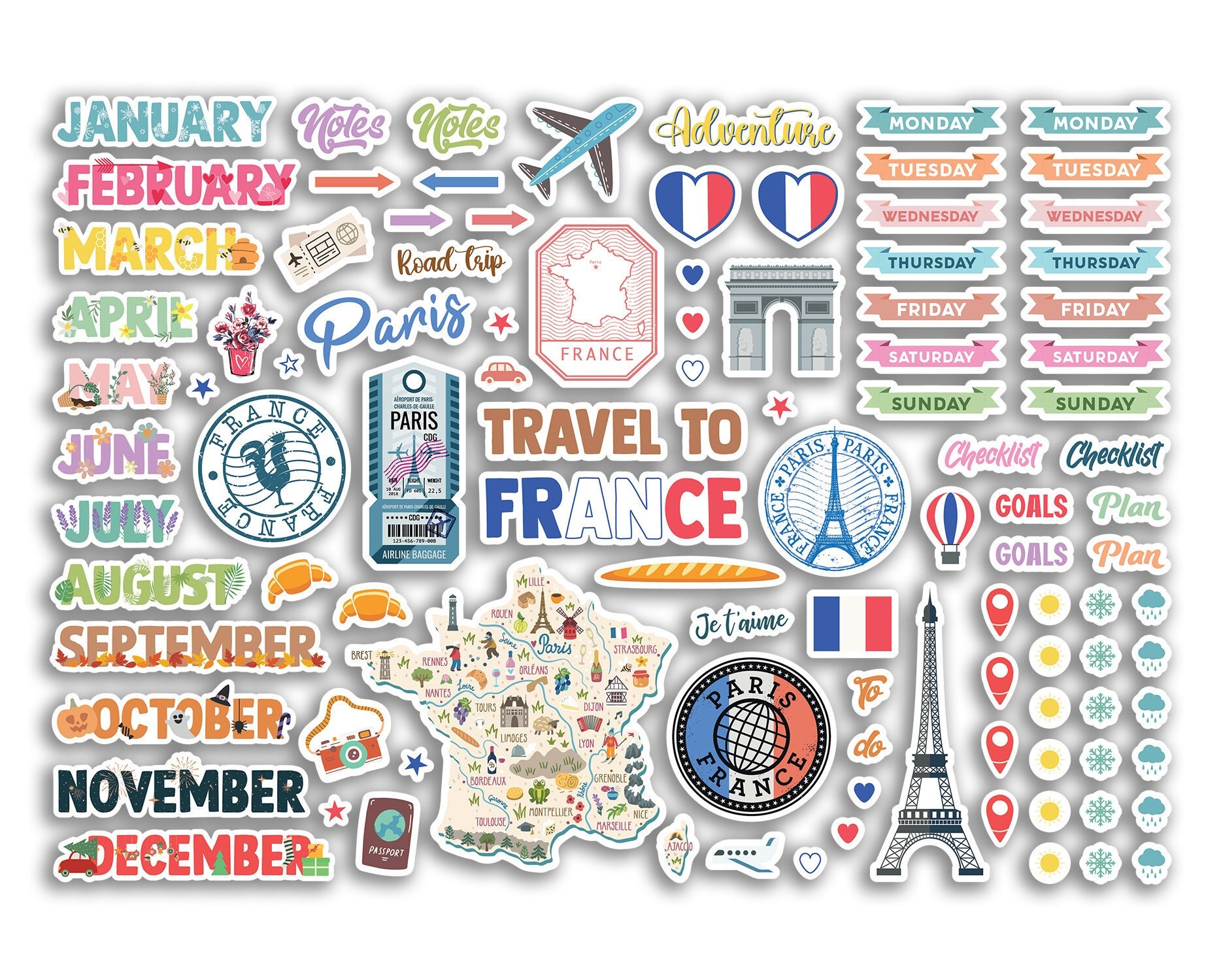 A4 Sticker Sheet France Landmarks Vinyl Stickers - Paris City Eiffel ...