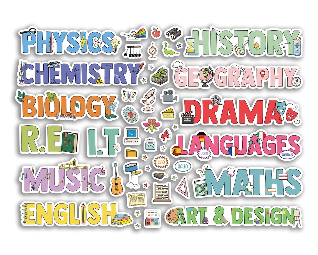 A4 Sticker Sheet School Subjects Vinyl Stickers - Folder Workbook Book ...