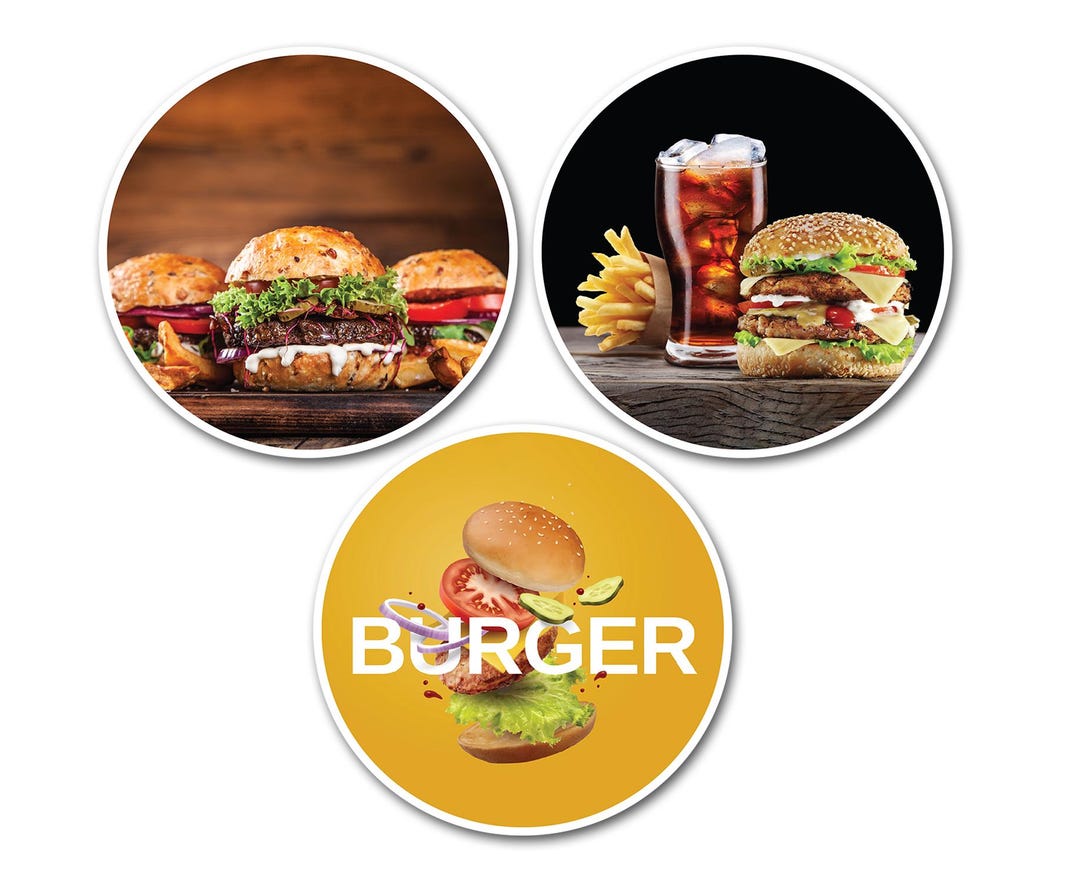 3 X 10cm Burger Vinyl Stickers Fast Food Takeaway Travel Holiday Funny ...