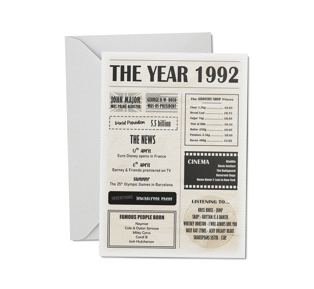 1 X 1992 Facts A5 Blank Greetings Card - 30th 30 Thirty News Headline ...