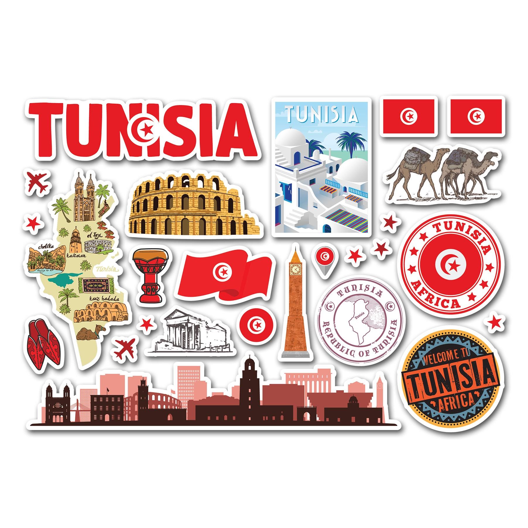 A5 Sticker Sheet Tunisia Landmarks Vinyl Stickers - Country Map Airport ...