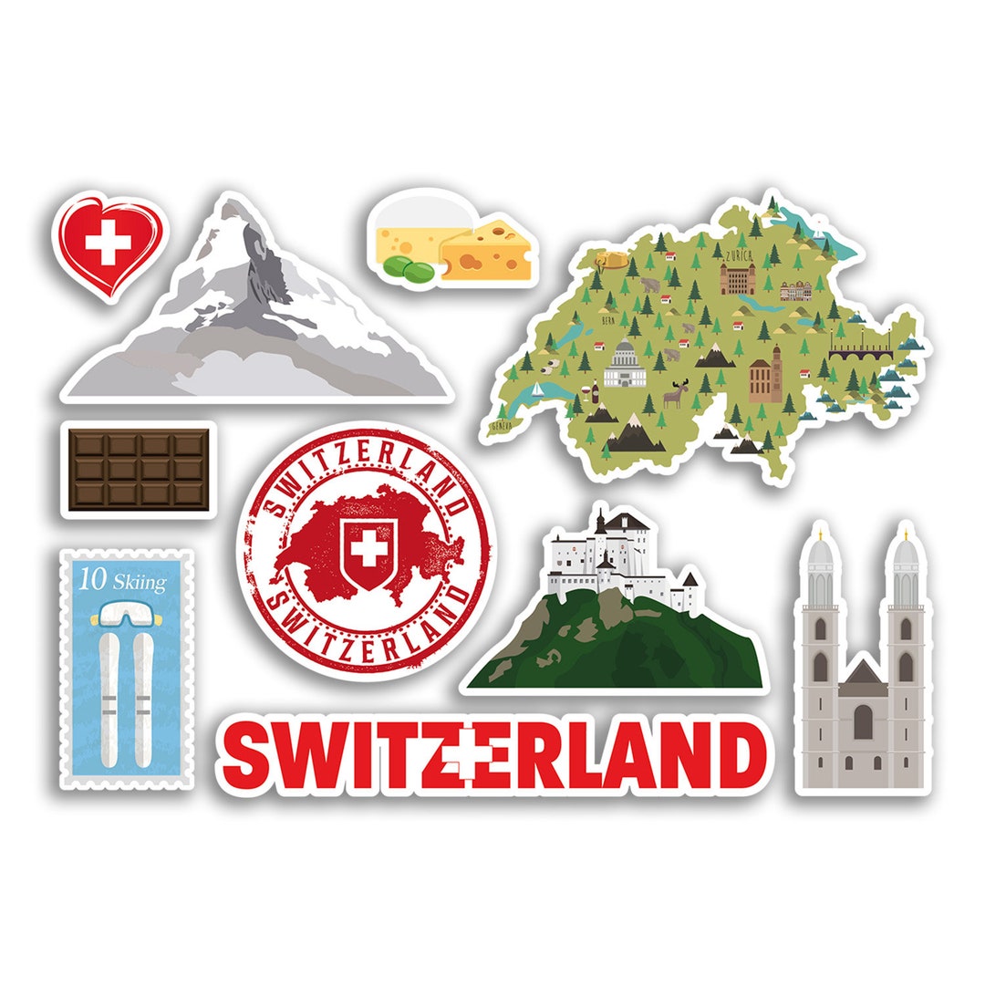 A5 Sticker Sheet Switzerland Landmarks Vinyl Stickers - Swiss Map ...
