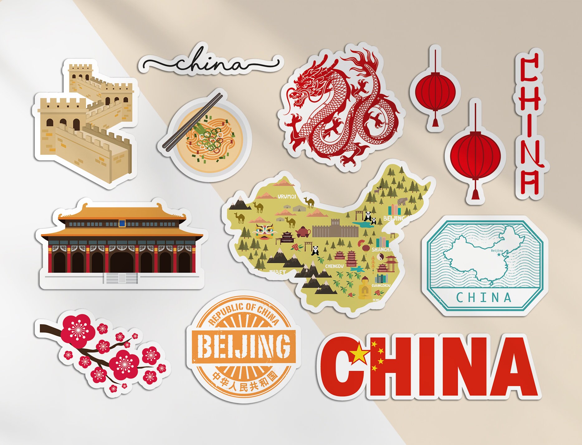 A5 Sticker Sheet China Landmarks Vinyl Stickers - Chinese Map Airport ...