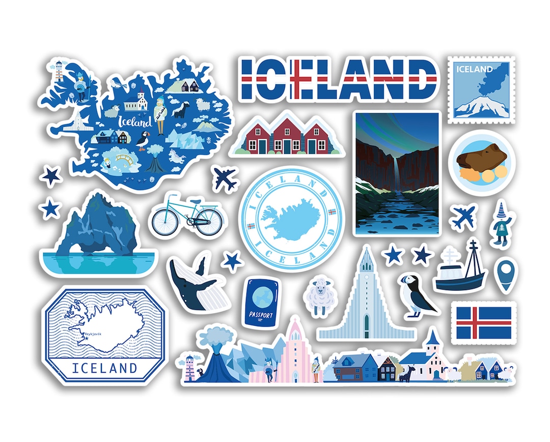 A5 Sticker Sheet Iceland Blue Landmarks Vinyl Stickers - Icelandic Map ...