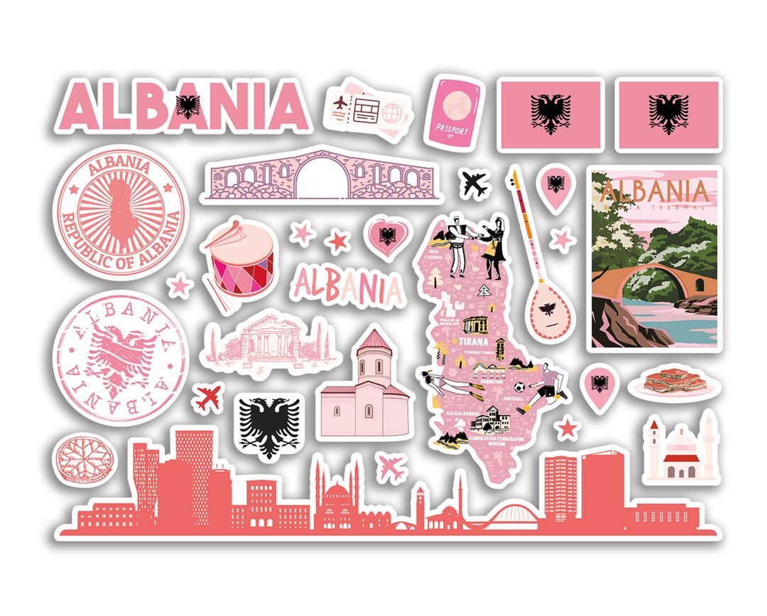 A5 Sticker Sheet Albania Pink Landmarks Vinyl Stickers Albanian Map ...