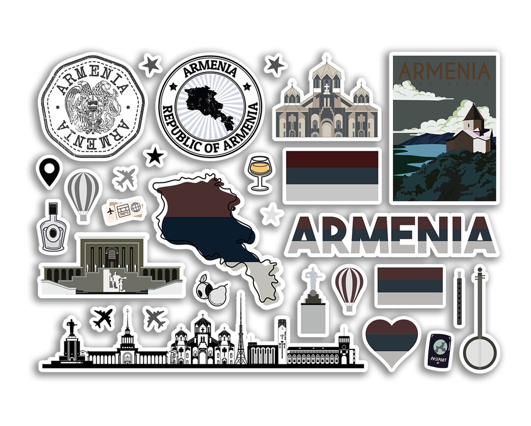 A5 Sticker Sheet Armenia Landmarks Vinyl Stickers BW Armenian Map ...