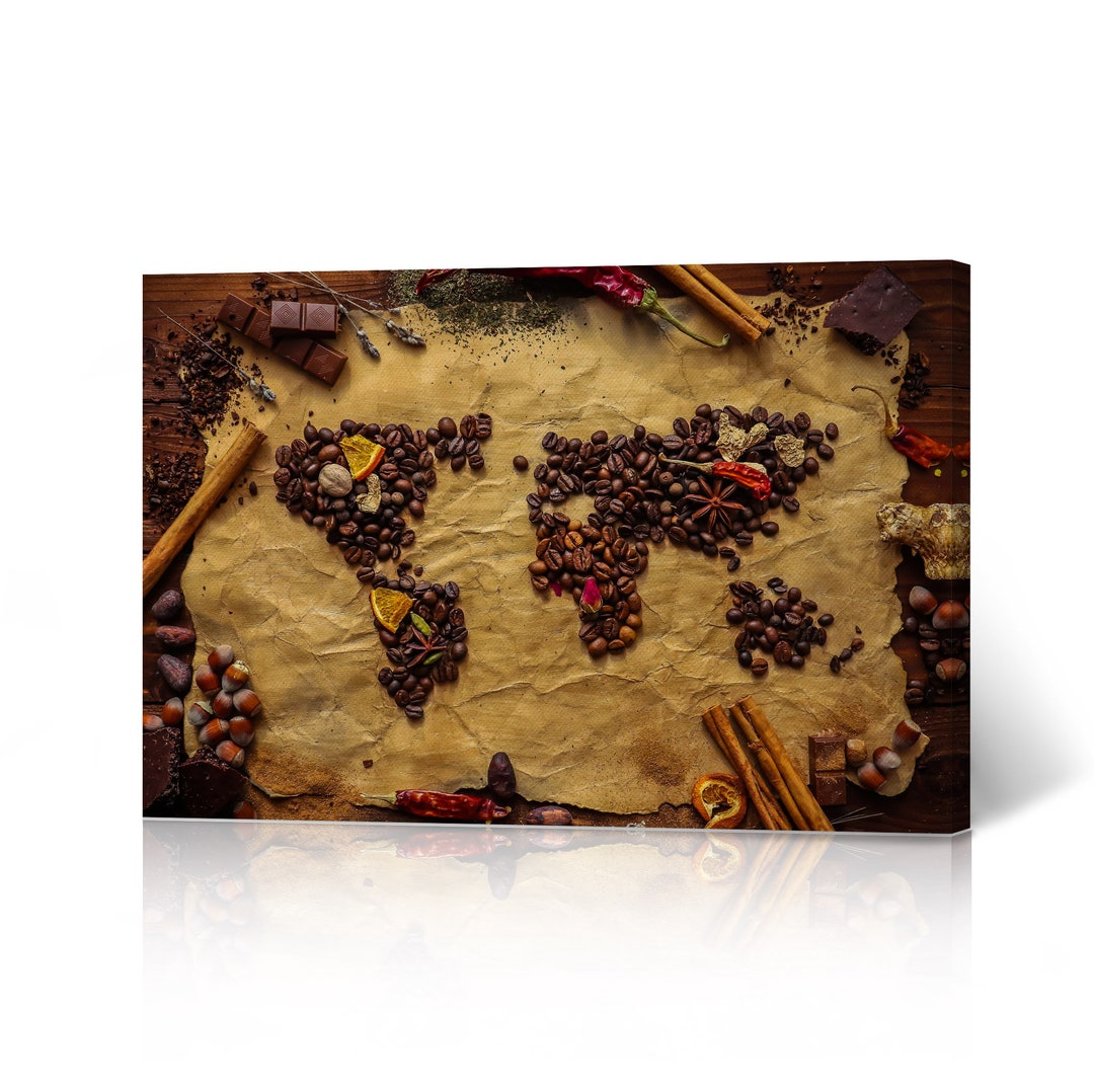 Vintage World Map With Coffee Beans Rustic Kitchen Wall Decor Canvas ...