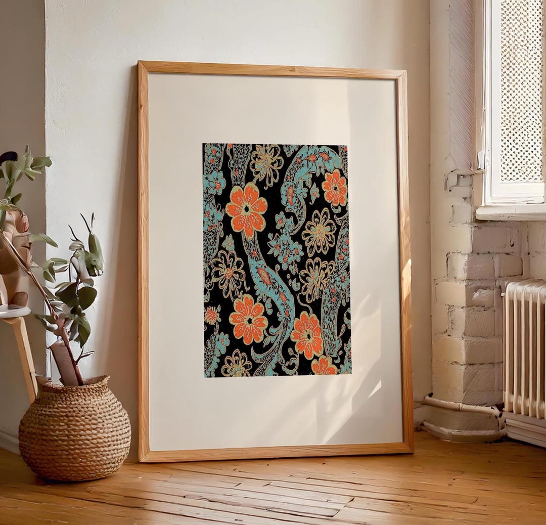 Antique Textile Wall Art, Blue Persian Brocade Style, Paisley Wall ...