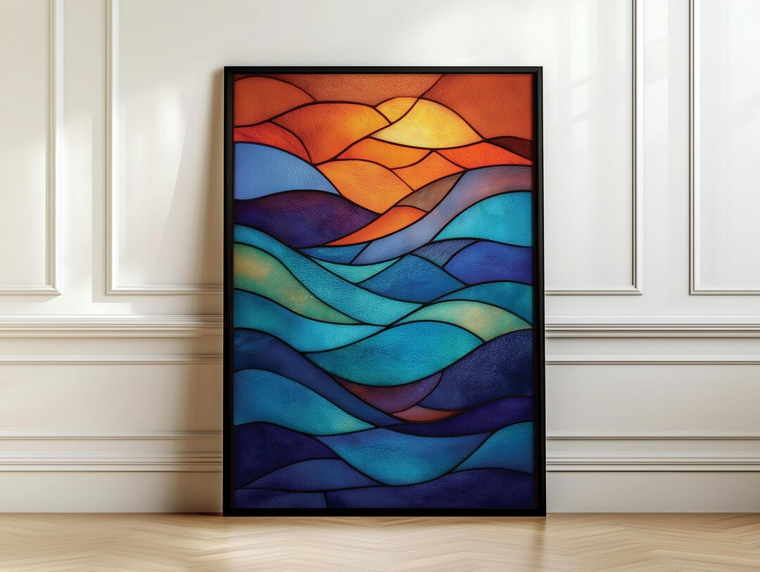 Vintage Stained Glass Style Print, Ocean Sunset Rendering, MCM Decor ...