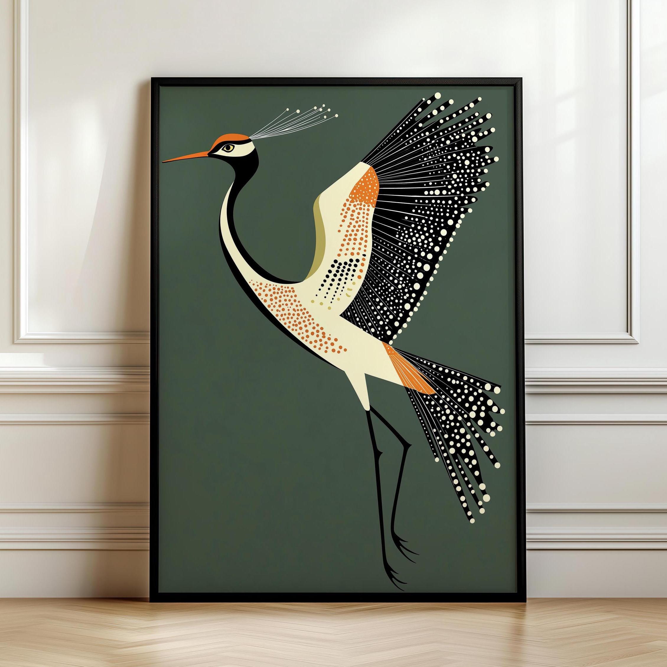 Fancy Flying Crane, Art Deco Wall Art, Retro Mid Century Modern House ...