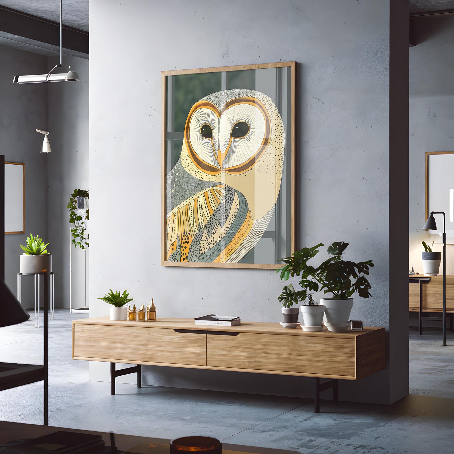 Green Gray Barn Owl Print, Retro Art Deco Wall Art, Vintage Bird Lover ...