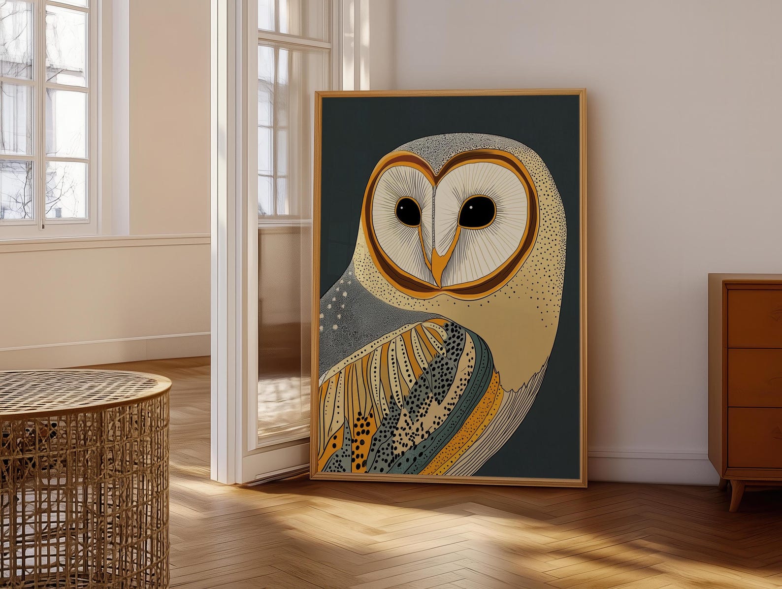 Green Gray Barn Owl Print, Retro Art Deco Wall Art, Vintage Bird Lover ...
